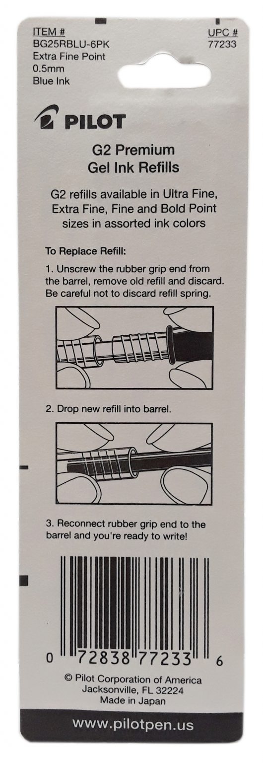 Pilot G2 Premium Gel Refills Blue Ink Extra Fine 0.5mm, 2 pack